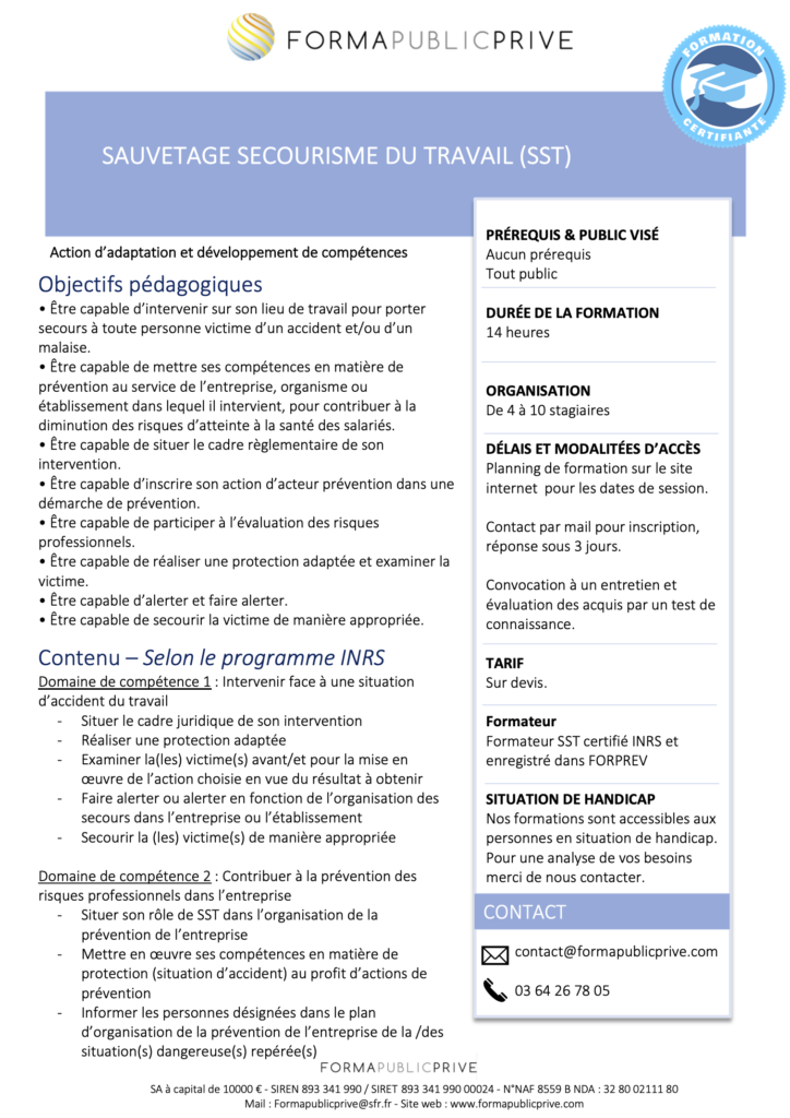 SST - Sauveteur Secouriste du Travail - Forma Public Privé